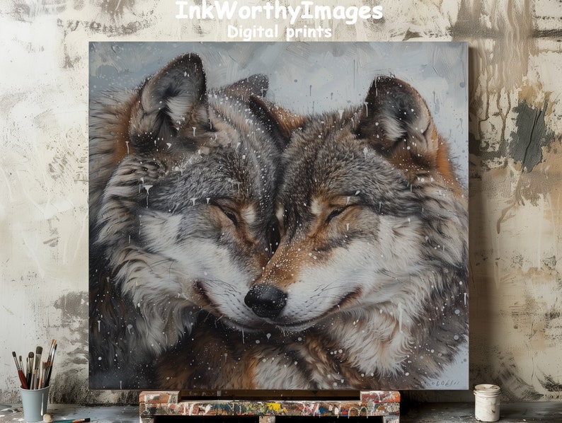 Loving Wolf Pair in Snow | Wildlife Romance Art Print | Printable - Etsy