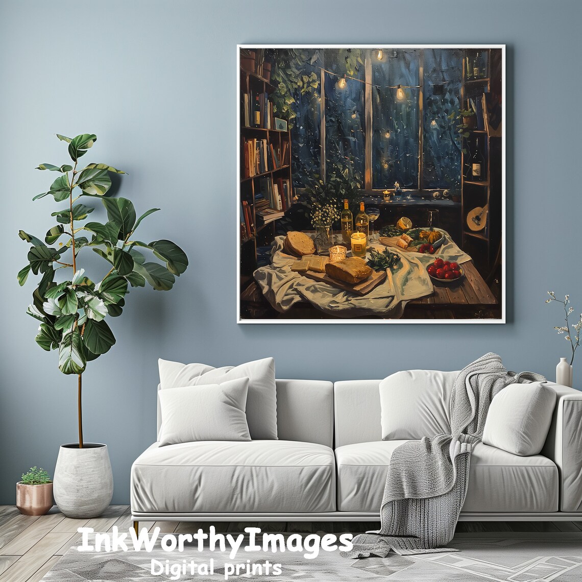 Evening Feast | Cozy Dining Scene | Candlelit Dinner Art | Warm Rustic ...