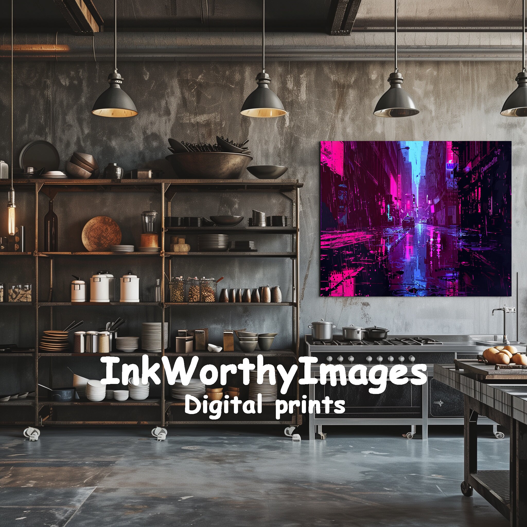 Cyberpunk Rainy Cityscape Neon Night Street Art Futuristic Urban ...