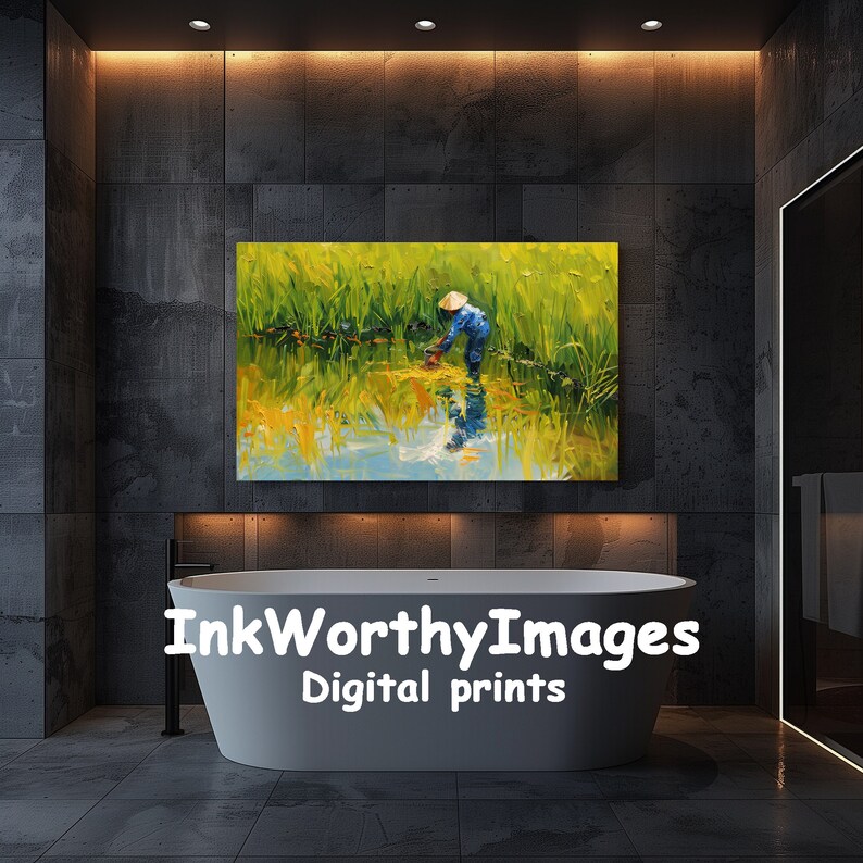 Impressionist Rice Field Art | Asian Farmer Water Reflection | Vibrant ...