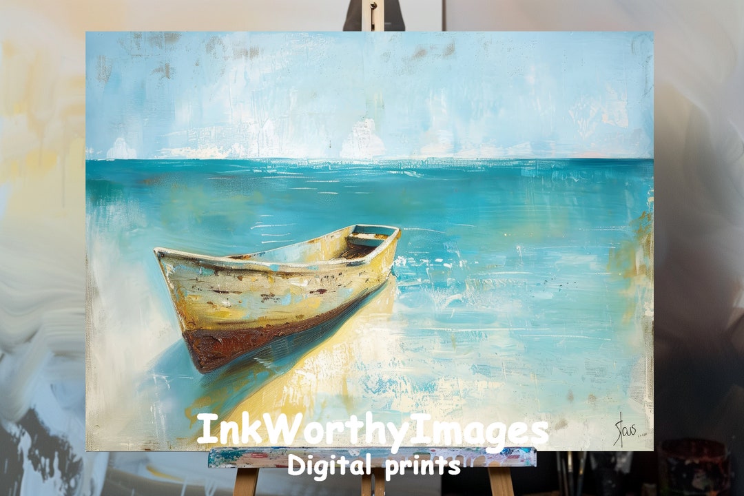 Rustic Coastal Rowboat Art Seaside Watercolor Printable Ocean Landscape ...