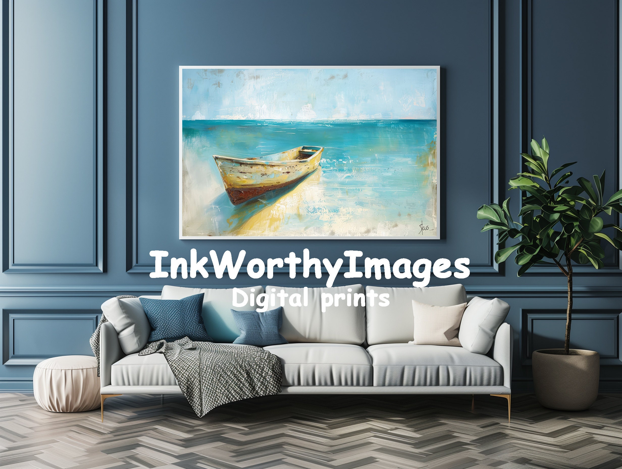 Rustic Coastal Rowboat Art Seaside Watercolor Printable Ocean Landscape ...