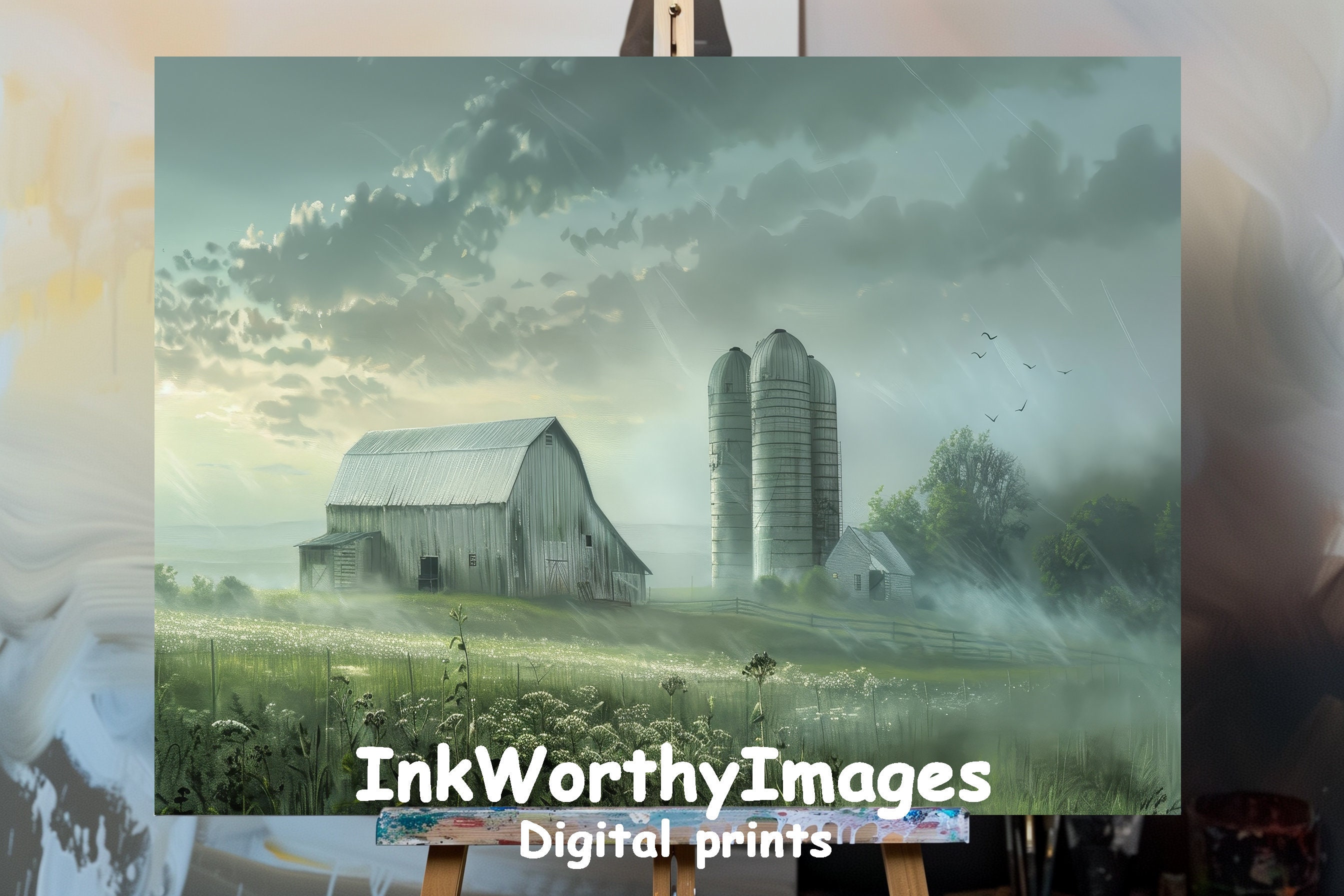 Rustic Farm Scene Wall Art | Barn and Silos in Misty Field | Morning ...