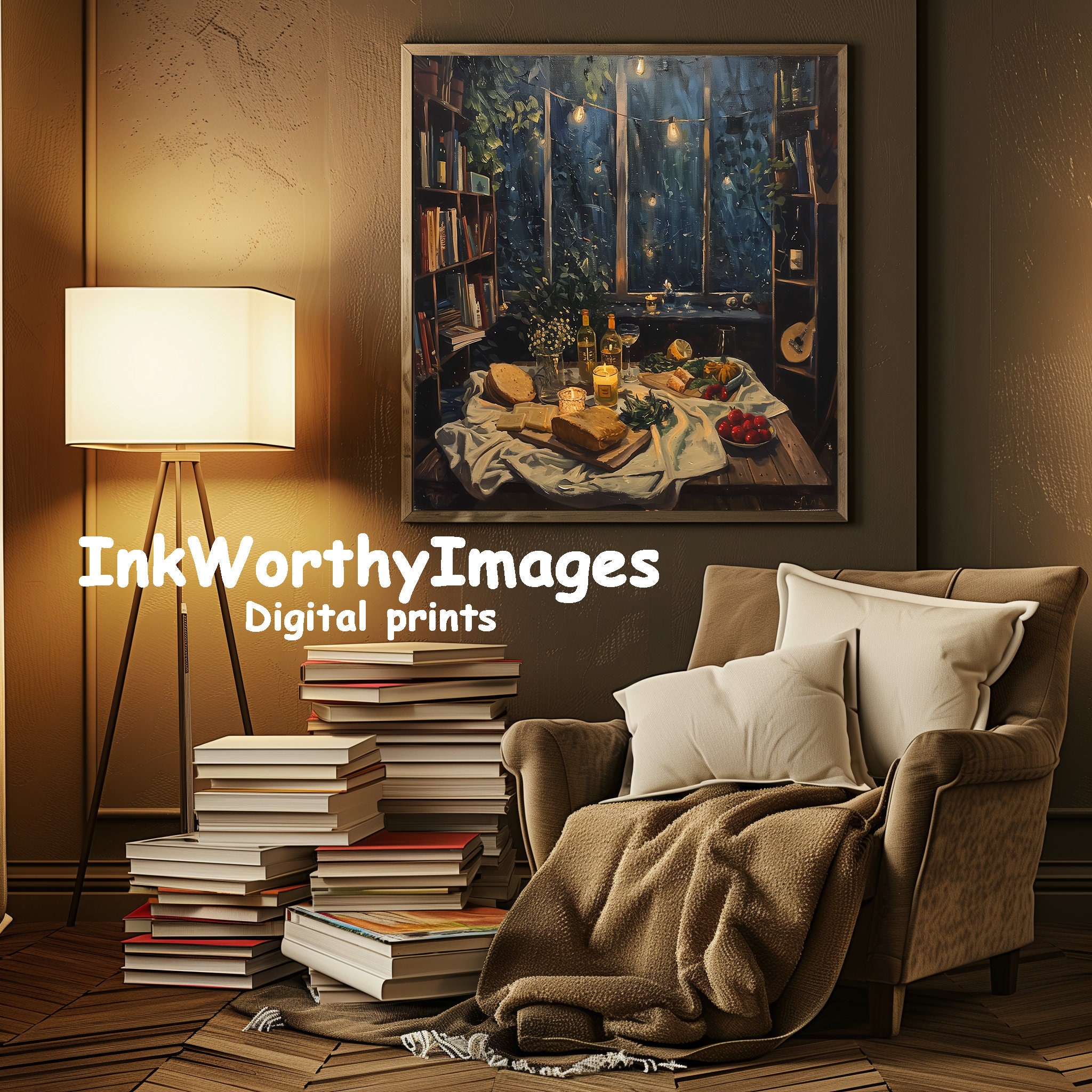 Evening Feast | Cozy Dining Scene | Candlelit Dinner Art | Warm Rustic ...