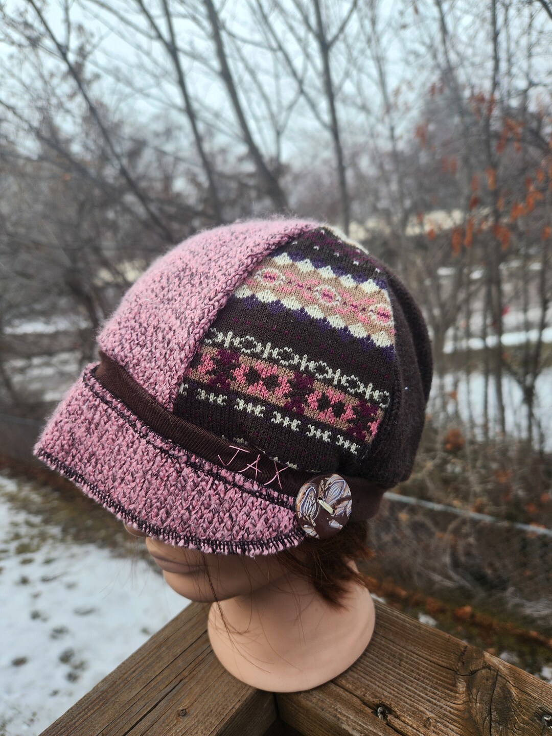 Upcycled Recycled Repurposed Hat Adult ML Pink Rose and Brown Sweater ...