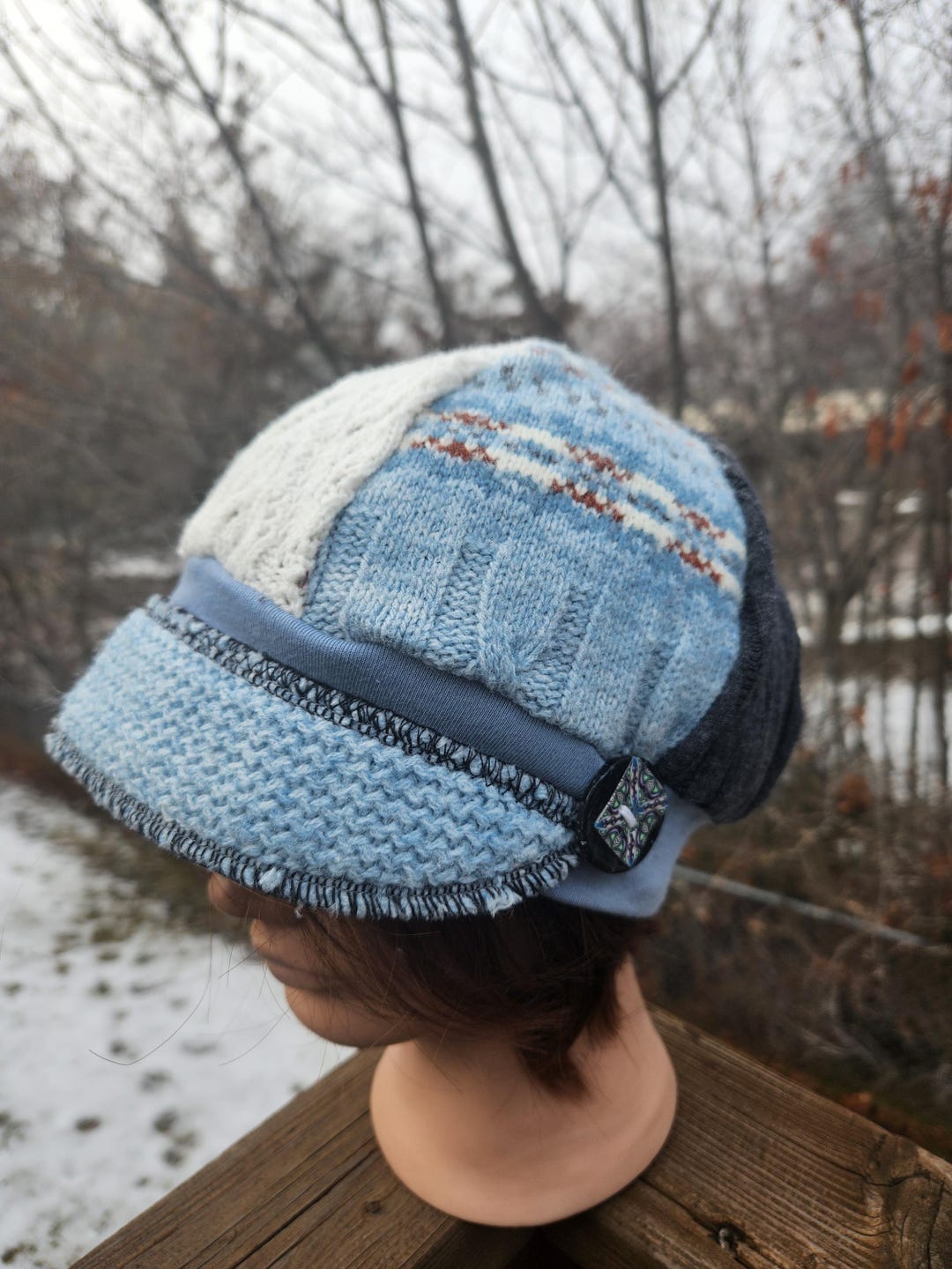 Upcycled Recycled Repurposed Hat - Adult ML - Blue and White Sweater ...
