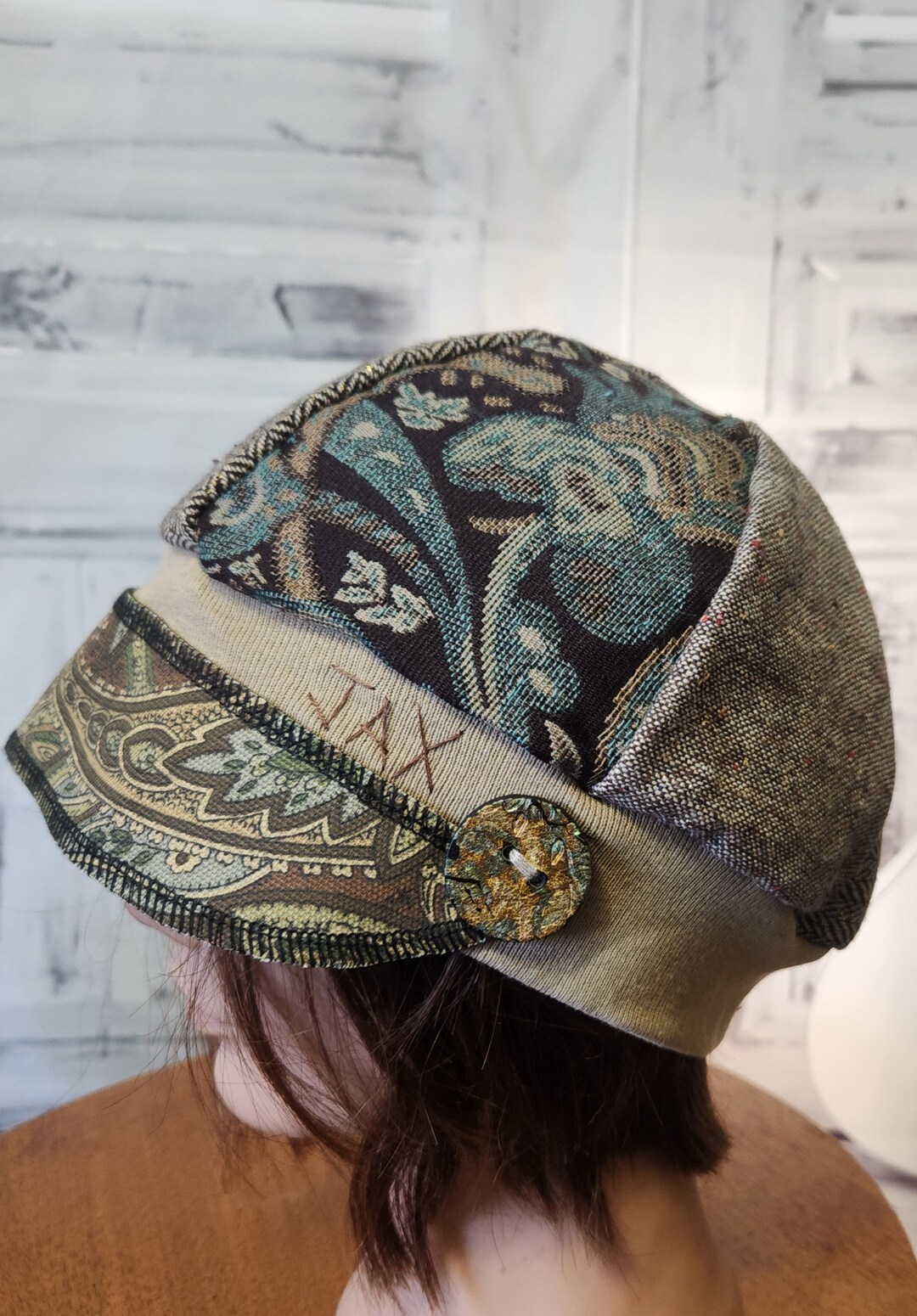 Jax Upcycled Hat Adult M/L Hat Tan, Teal and Brown Recycled Suit Hat ...