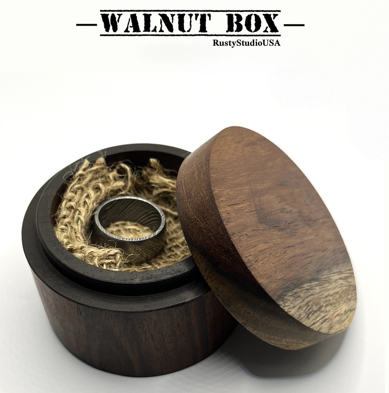 Mens Damascus Steel Ring for Men Whiskey Barrel Ring Inlay Hand Crafted Walnut Box Great Gift ...