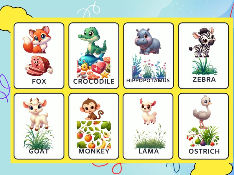 24 Baby Animal Flash Cards With Their Food - Etsy