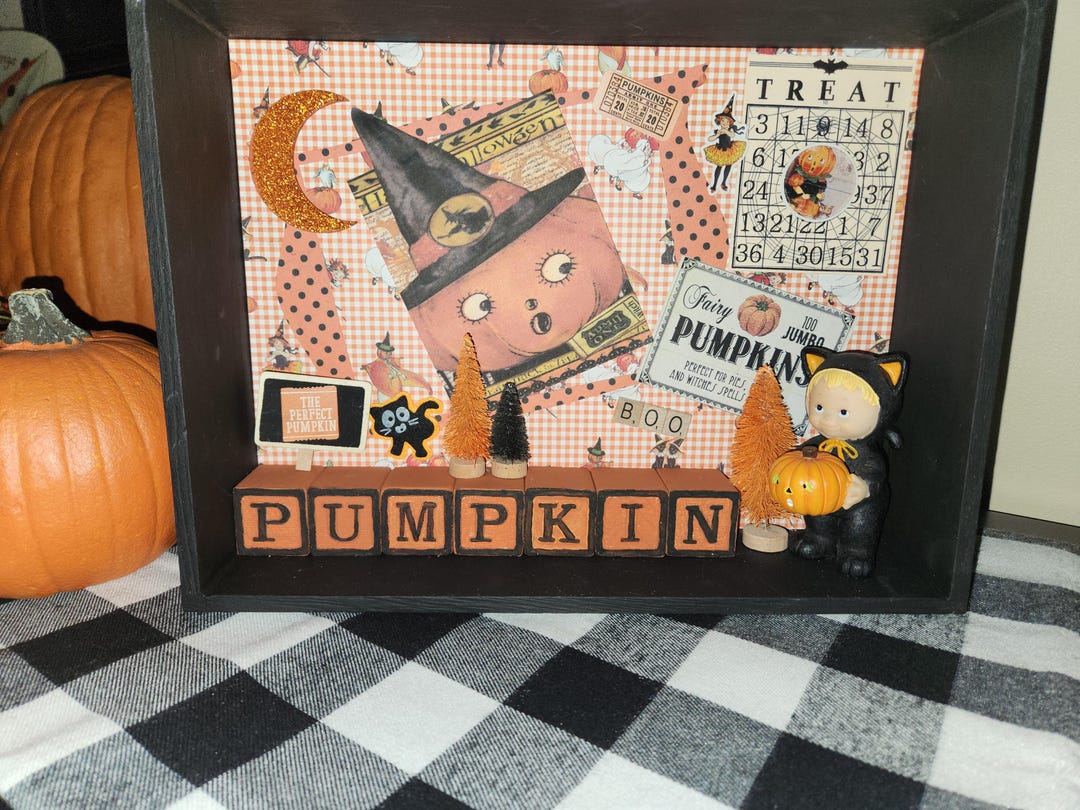 Darling Pumpkin Shadow Box - Vintage Figurine, Vintage Alphabet Blocks ...
