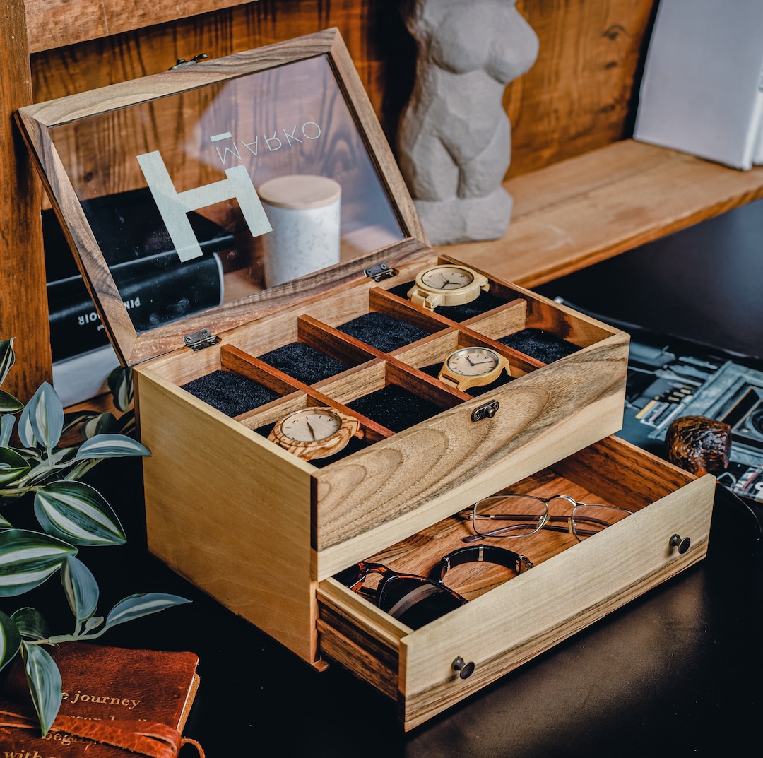 Personalized Wood Watch Box With Drawer Wooden Watch Box Custom Watch ...