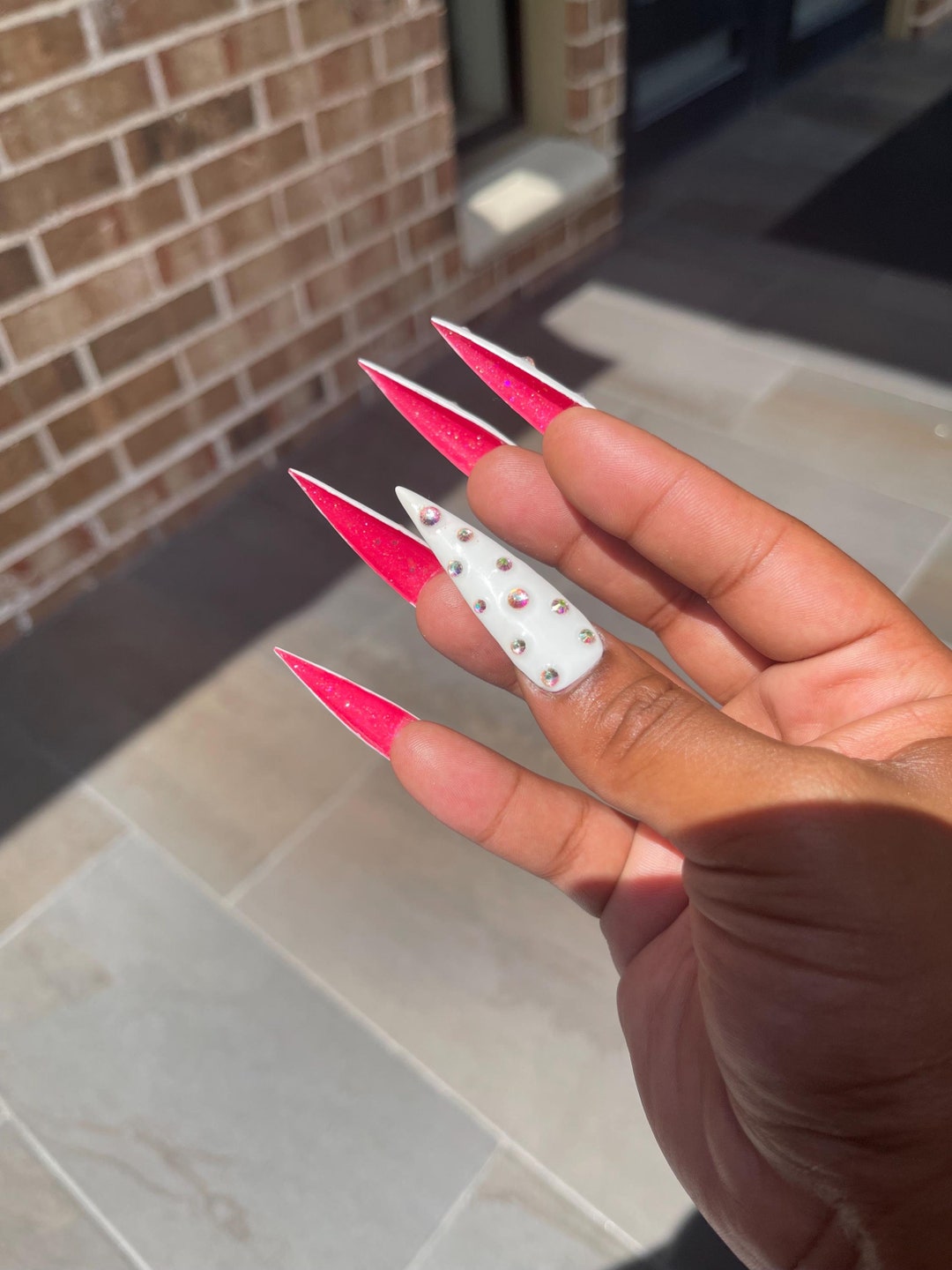 20 Piece Set Duo White and Pink Rhinestone Encrusted Talons -stiletto ...