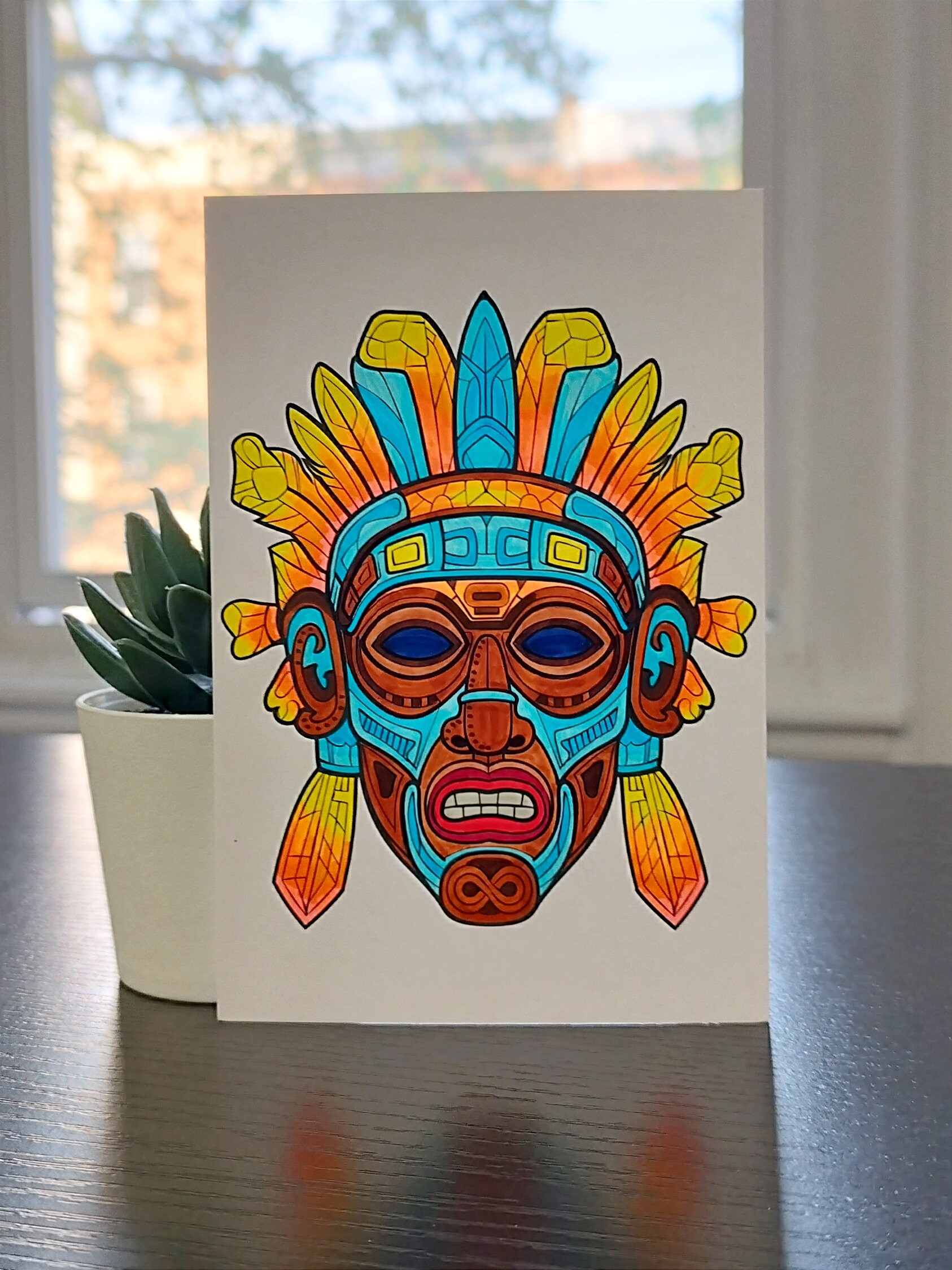 Aztec Mask, Inca Mask, Mayan Mask, Original Hand-painted Drawing ...