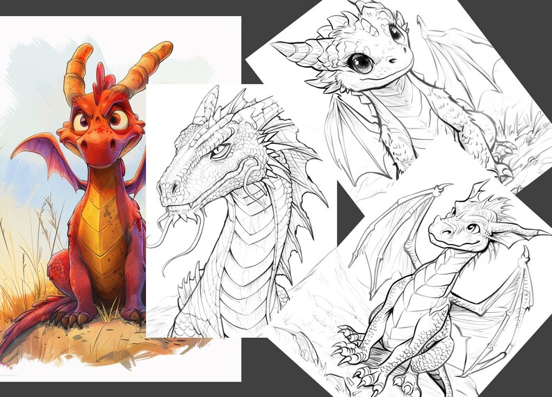 30 Coloring Pages of Dragons, Coloring Book 30 Pages, Fantasy Coloring ...