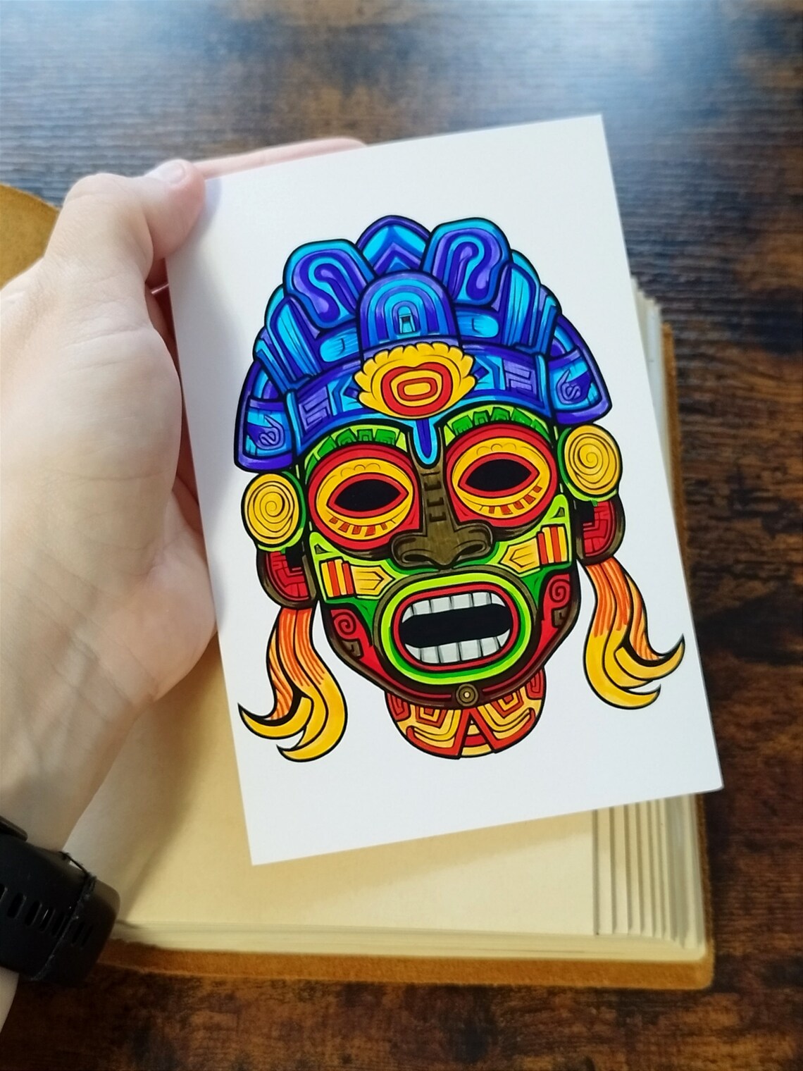 Aztec Mask, Inca Mask, Mayan Mask, Original Hand-painted Drawing ...