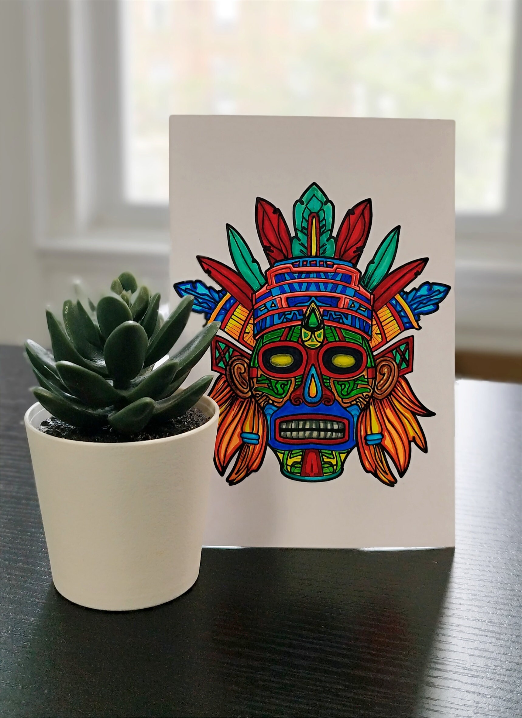 Original Hand-painted Drawing Aztec Mask, Inca Mask, Mayan Mask, Ritual ...