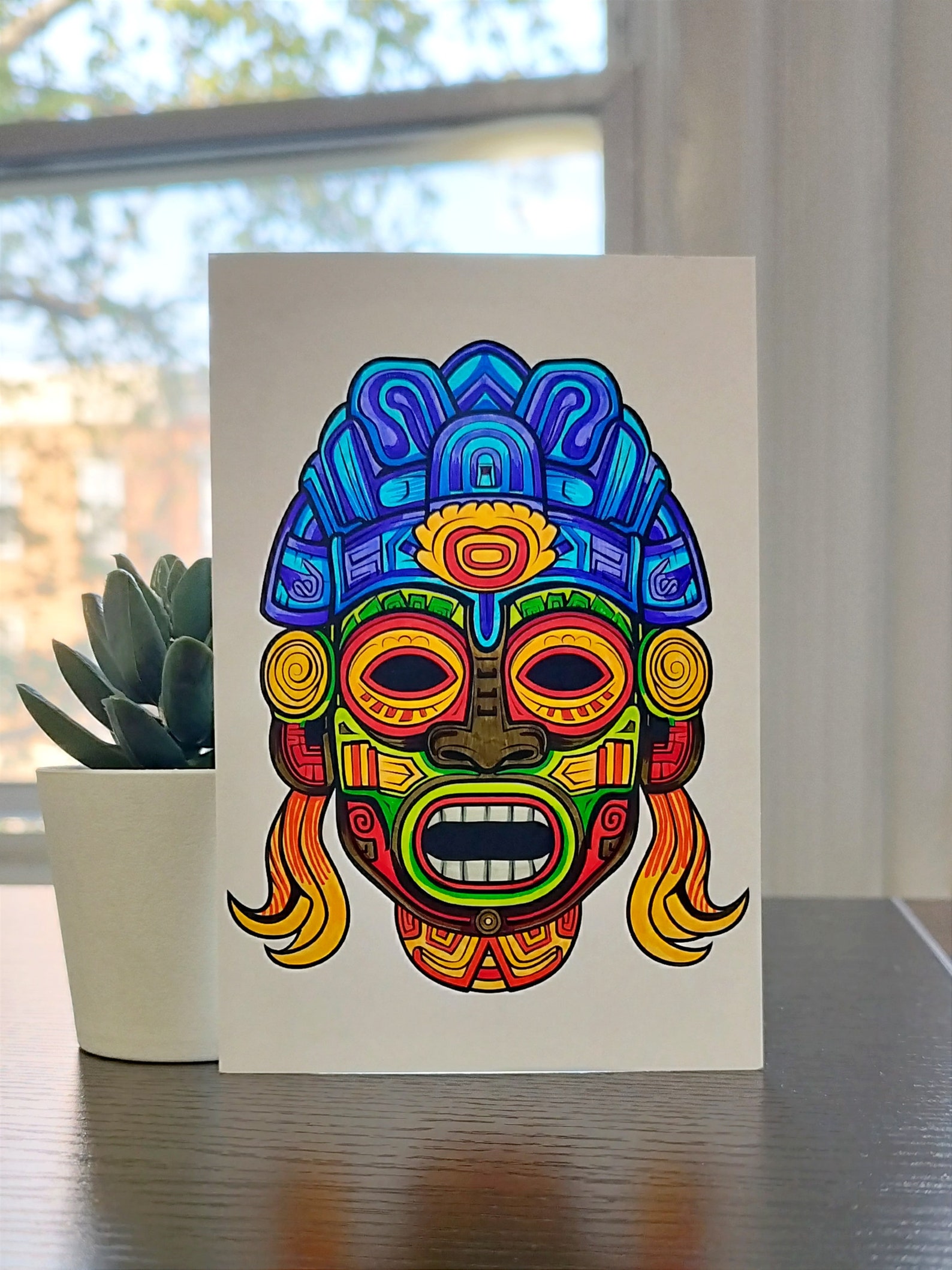 Aztec Mask, Inca Mask, Mayan Mask, Original Hand-painted Drawing ...