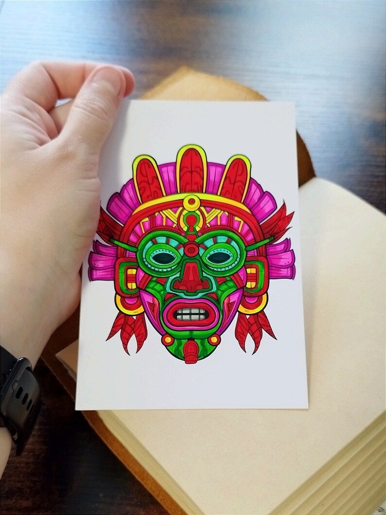 Aztec Mask, Inca Mask, Mayan Mask, Original Hand-painted Drawing ...
