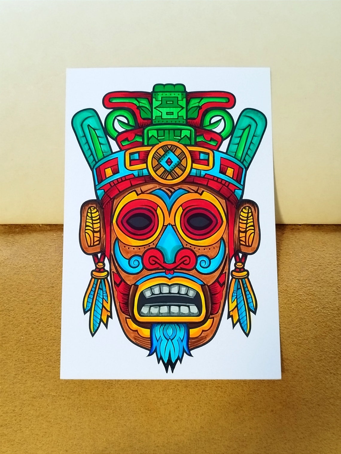 Aztec Mask, Inca Mask, Mayan Mask, Original Hand-painted Drawing ...