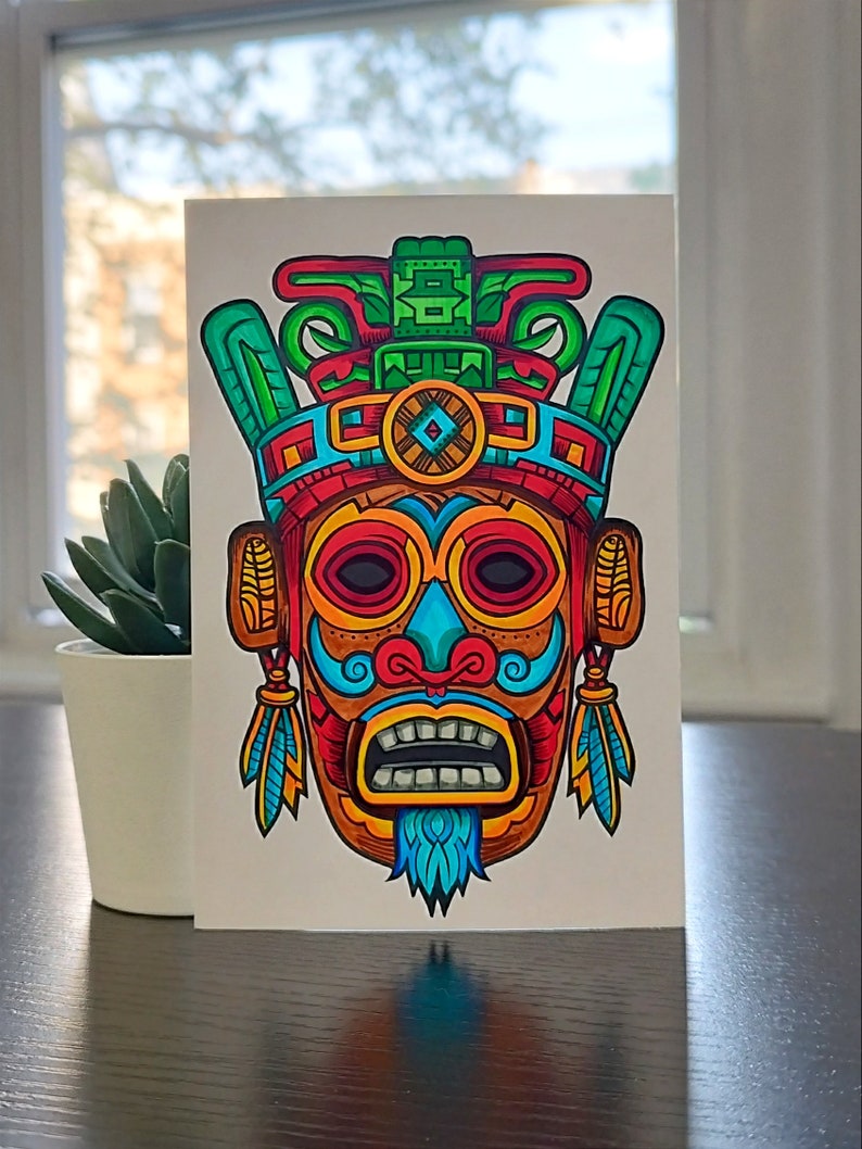 Aztec Mask, Inca Mask, Mayan Mask, Original Hand-painted Drawing ...