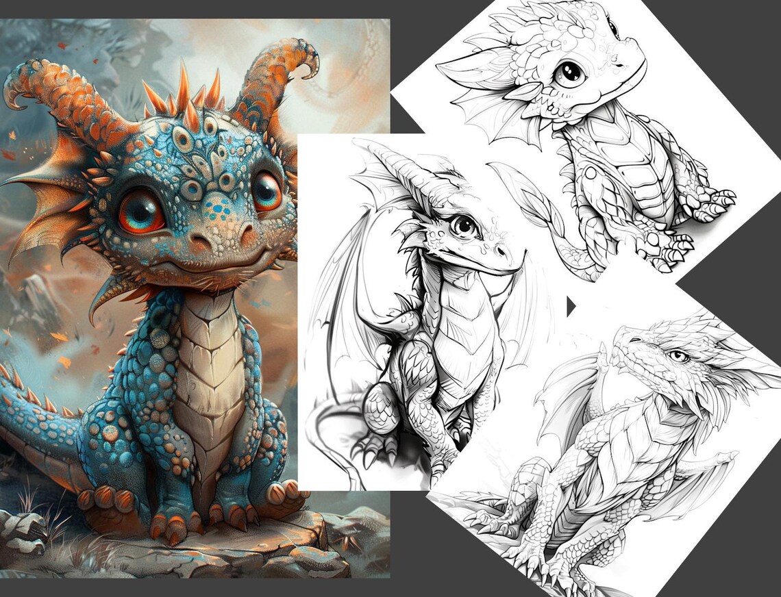 30 Coloring Pages of Dragons, Coloring Book 30 Pages, Fantasy Coloring ...