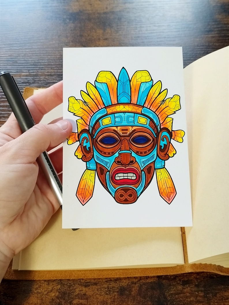 Aztec Mask, Inca Mask, Mayan Mask, Original Hand-painted Drawing ...