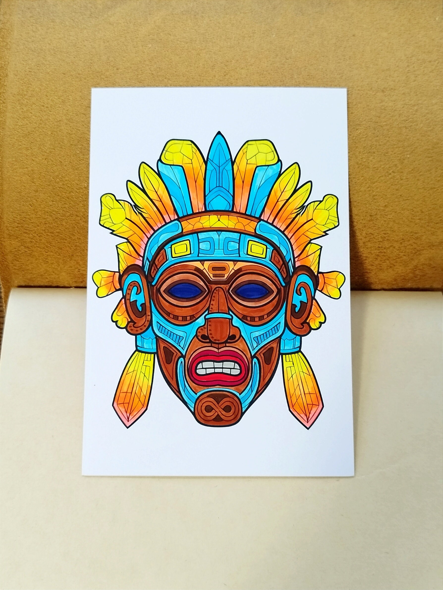 Aztec Mask, Inca Mask, Mayan Mask, Original Hand-painted Drawing ...