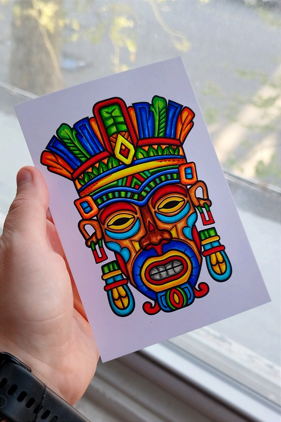 Original Hand-painted Drawing Aztec Mask, Inca Mask, Mayan Mask, Ritual ...