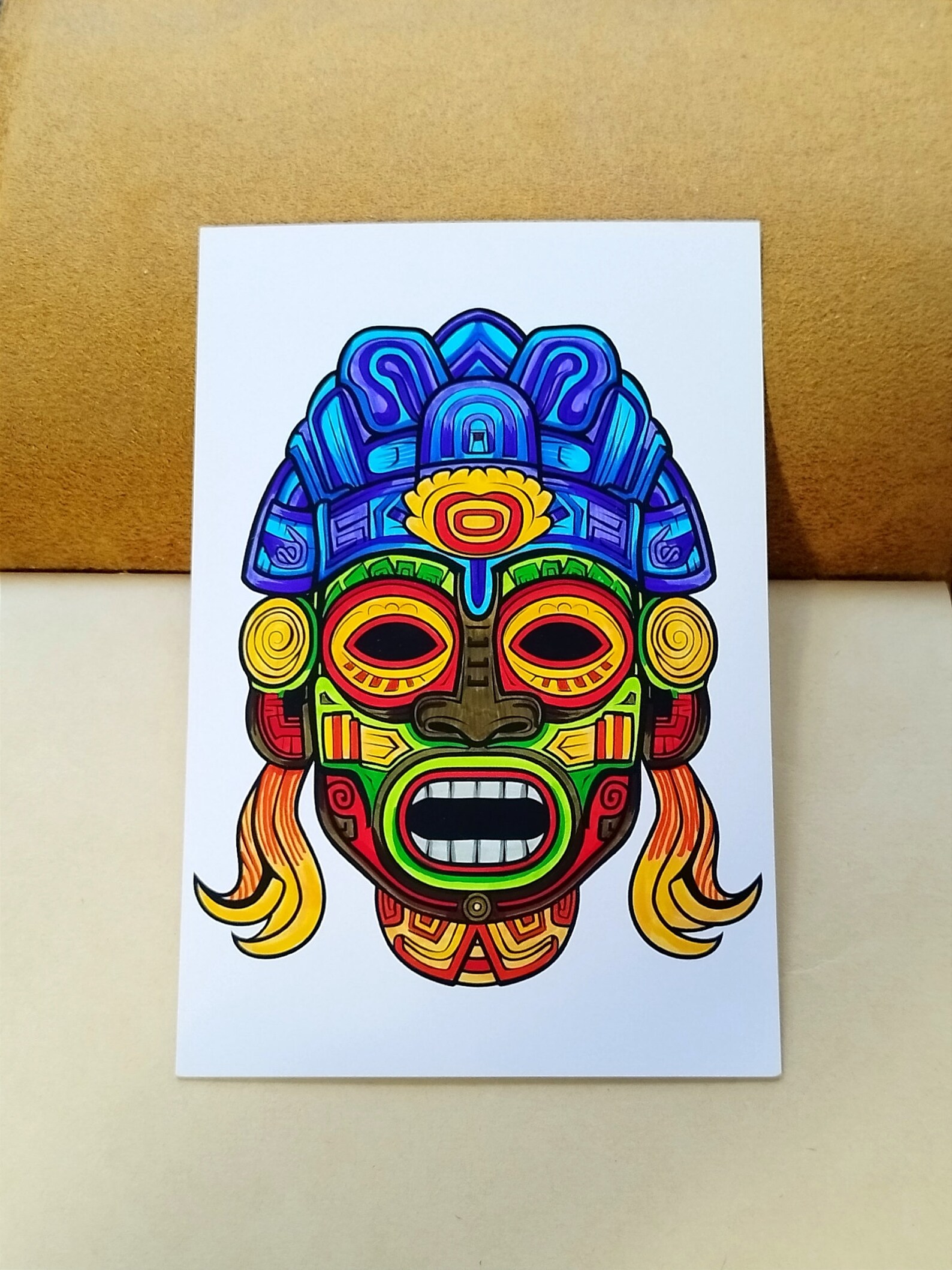 Aztec Mask, Inca Mask, Mayan Mask, Original Hand-painted Drawing ...