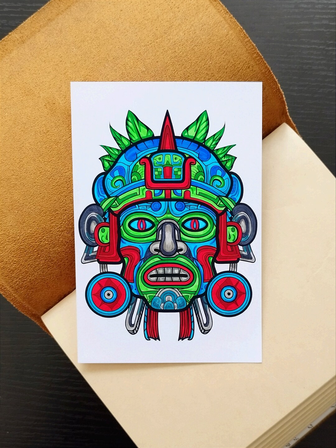 Aztec Mask, Inca Mask, Mayan Mask, Original Hand-painted Drawing ...