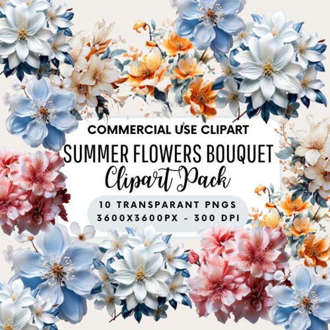 Summer Flowers Bouquet Clipart Bundle, Watercolor Flower Bouquet SVG ...