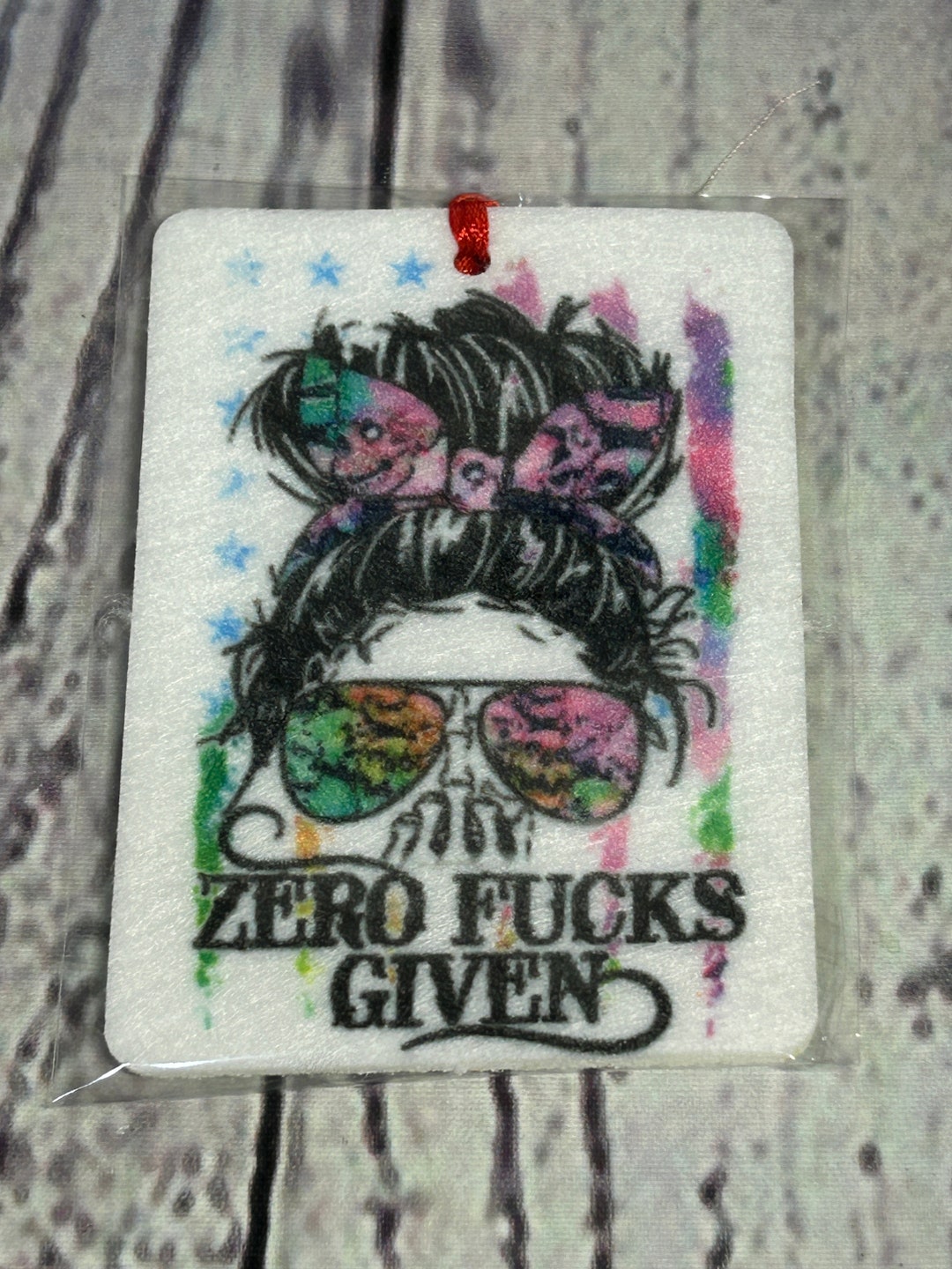 Zero Fucks Given, Messy Bun & Sunglasses Skull Flipping the Bird Double Sided Hanging Air ...