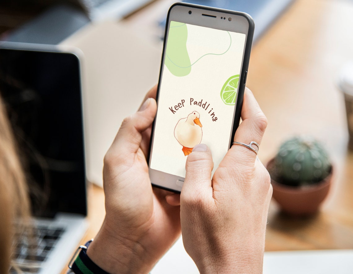 Cute Duck Phone Wallpaper Hand Drawn Beige and Green Positive Quotes ...