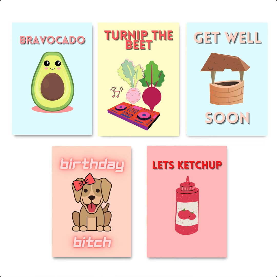 Set of 5 - Printable Puns Postcards - Instant Download / Card Birthday ...