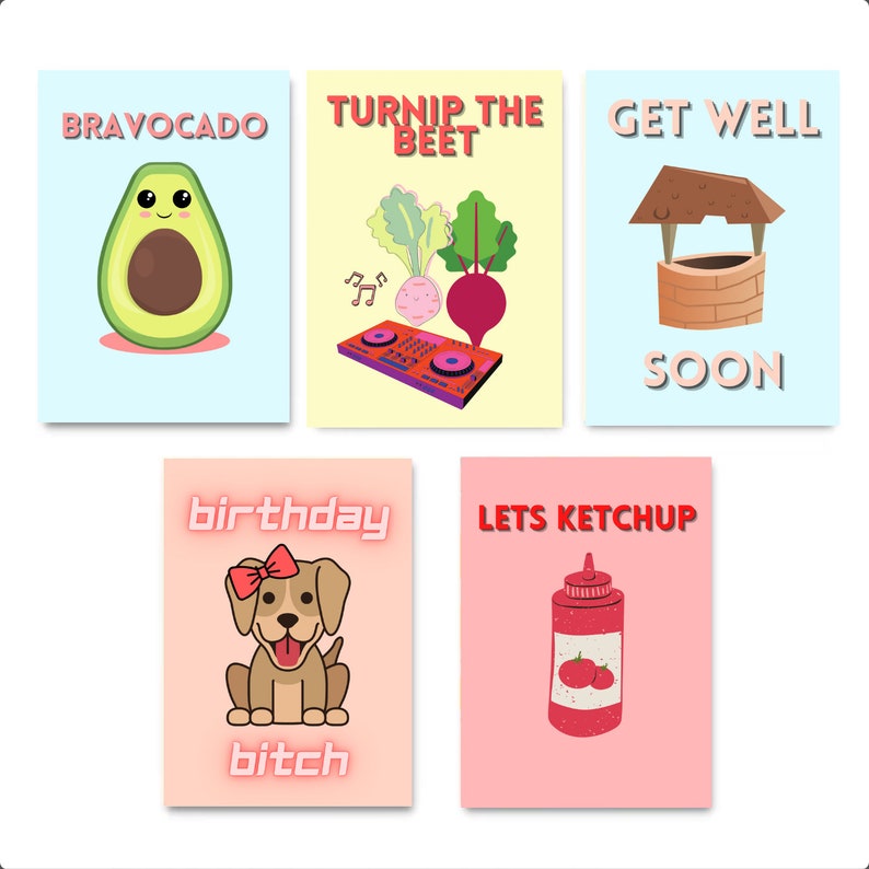 Set of 5 - Printable Puns Postcards - Instant Download / Card Birthday ...
