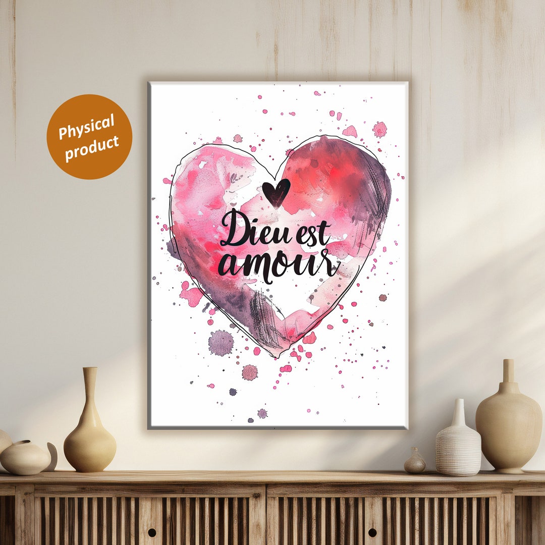 Dieu Est Amour Wall Art Heart Shaped Watercolor Print God is Love Wall Decor French Quote Art ...
