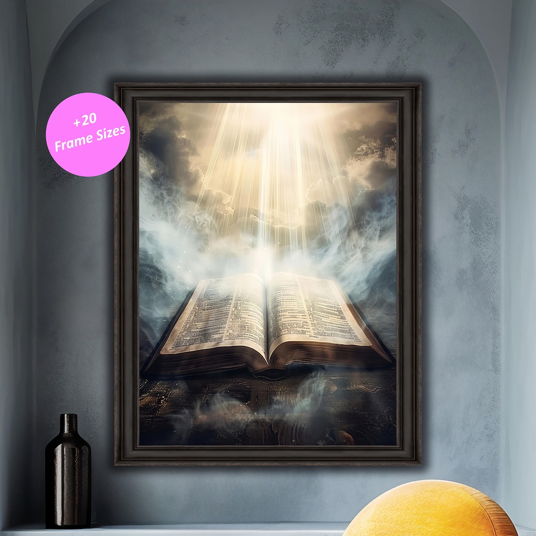 Holy Bible Art, Open Bible Wall Art Print, Spiritual Light and Clouds ...