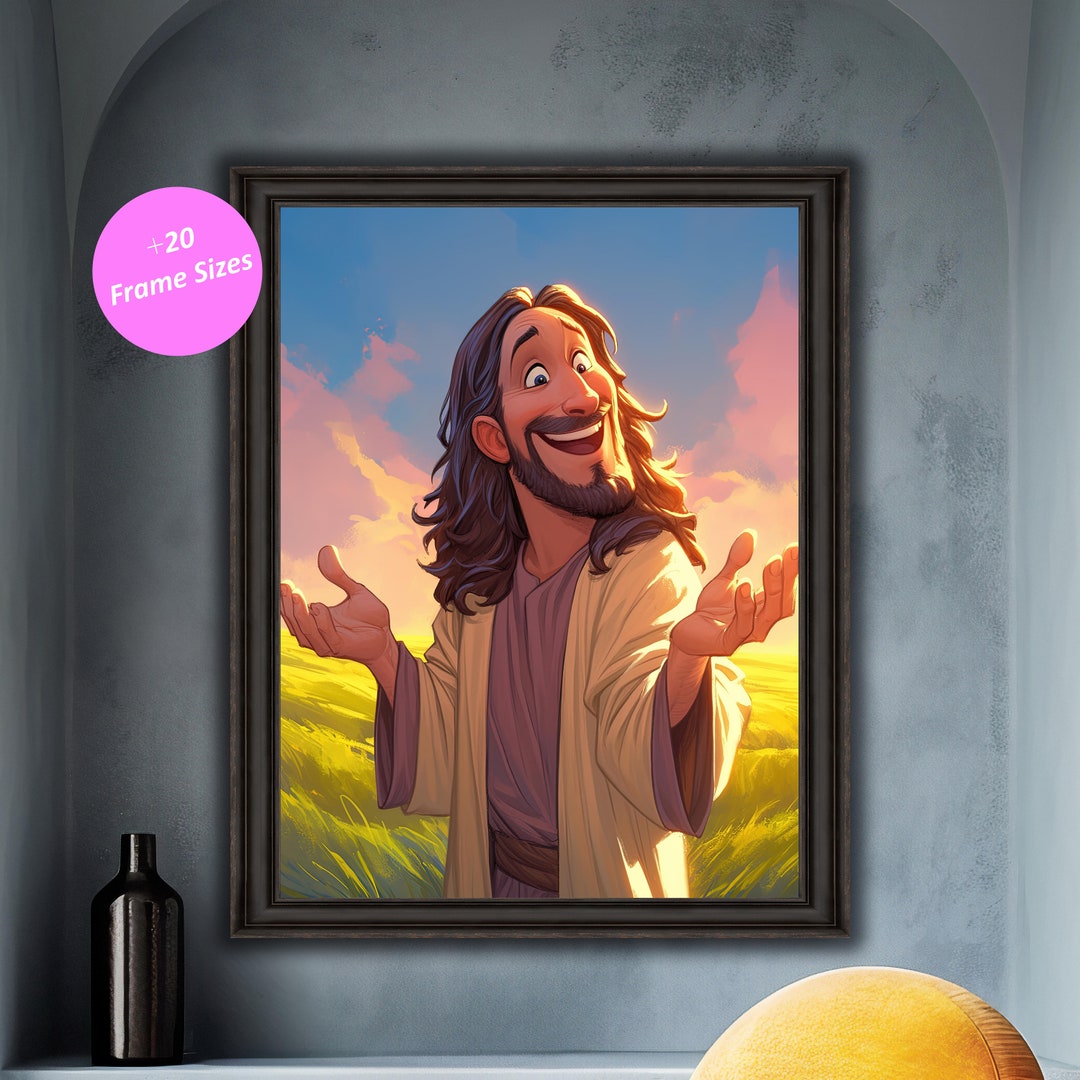 Jesus Cartoon Wall Decor Print, Jesus Drawing, Jesus Painting, Happy ...
