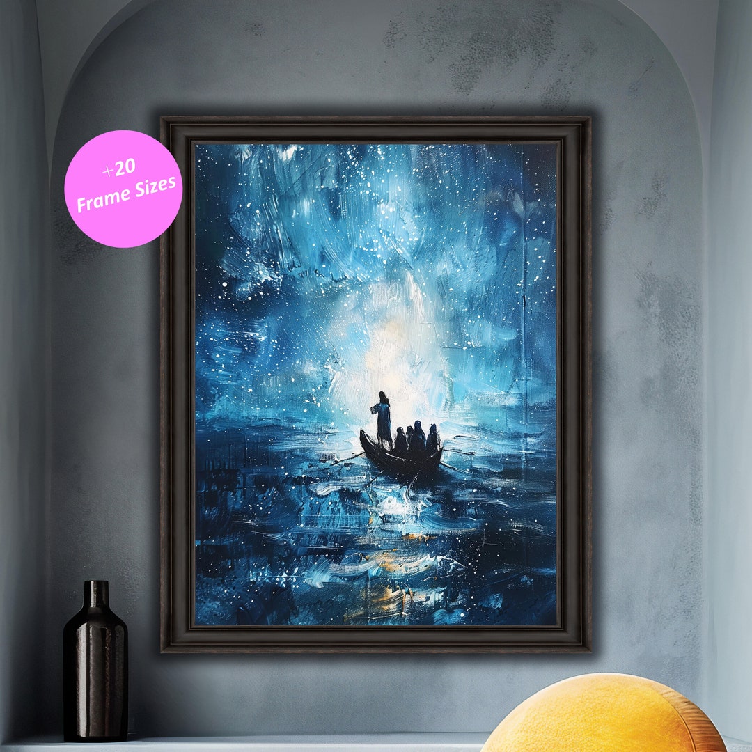 Arte de Jesús y sus discípulos en un barco estrellado, pintura del ...