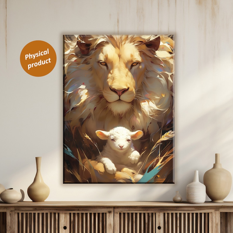 Majestic Lion & Gentle Lamb Canvas Art Print Animal Illustration ...