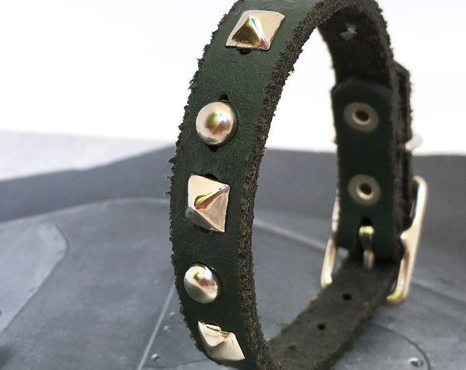 Ecofriendly Leather Dog Collar With Silver Studs on Teal Blue Tattered ...