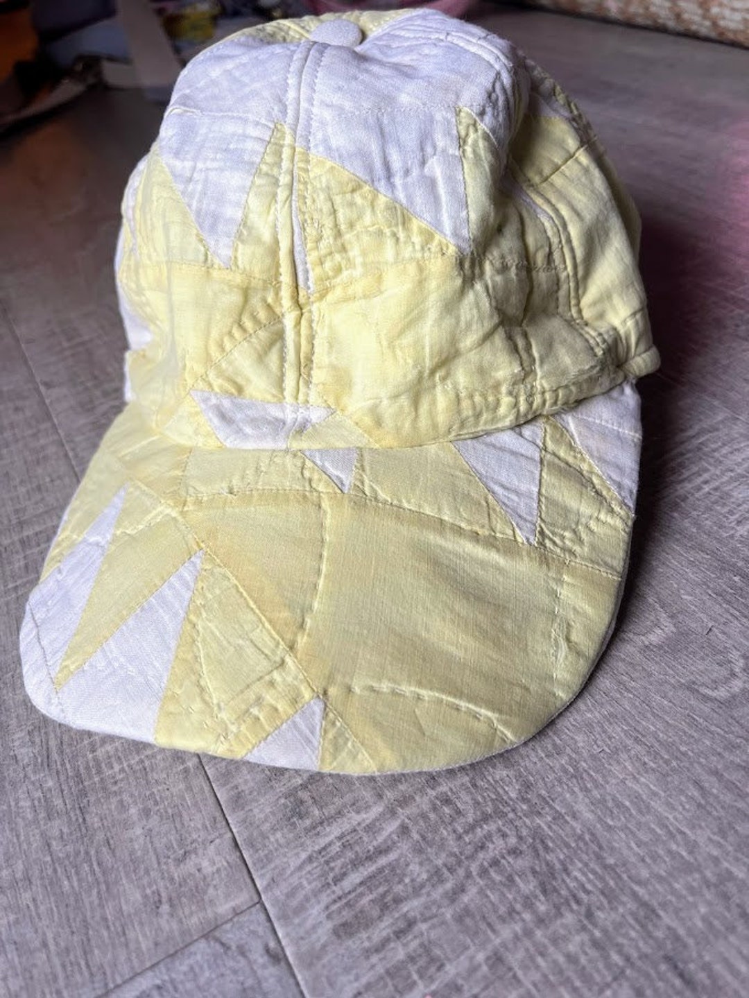 Yellow and White Sunny Vintage Quilt 6 Panel Baseball Cap Upcycled ...
