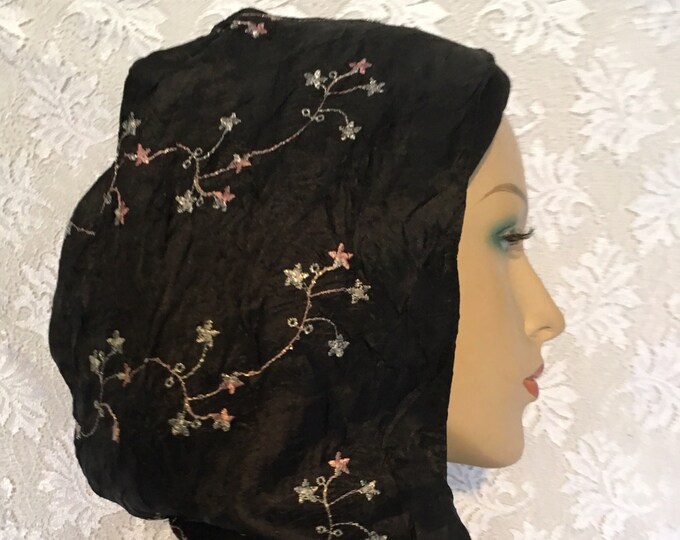 Black Floral Embroidered Snood Wrap Head Covering • Headwear for ...
