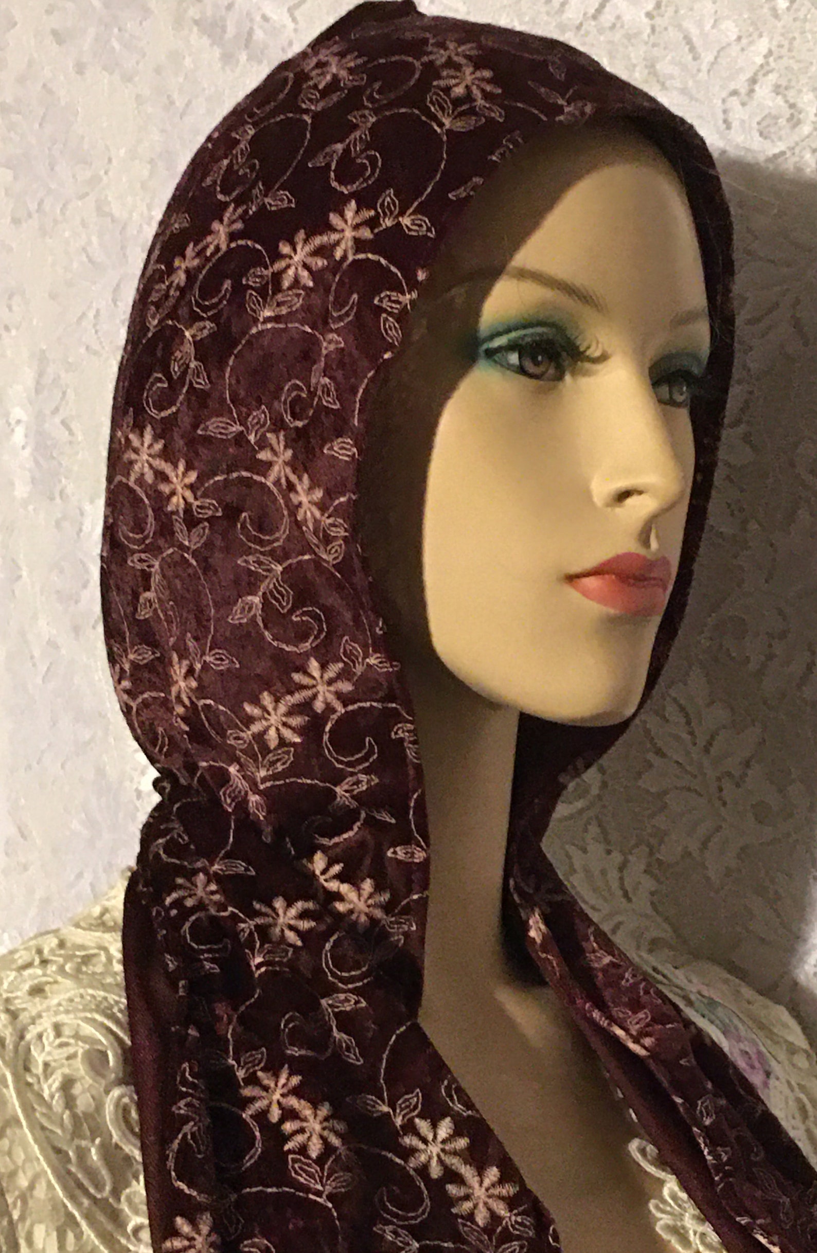 Wine Floral Embroidered Snood Wrap Head Covering • Headwear for Modesty ...