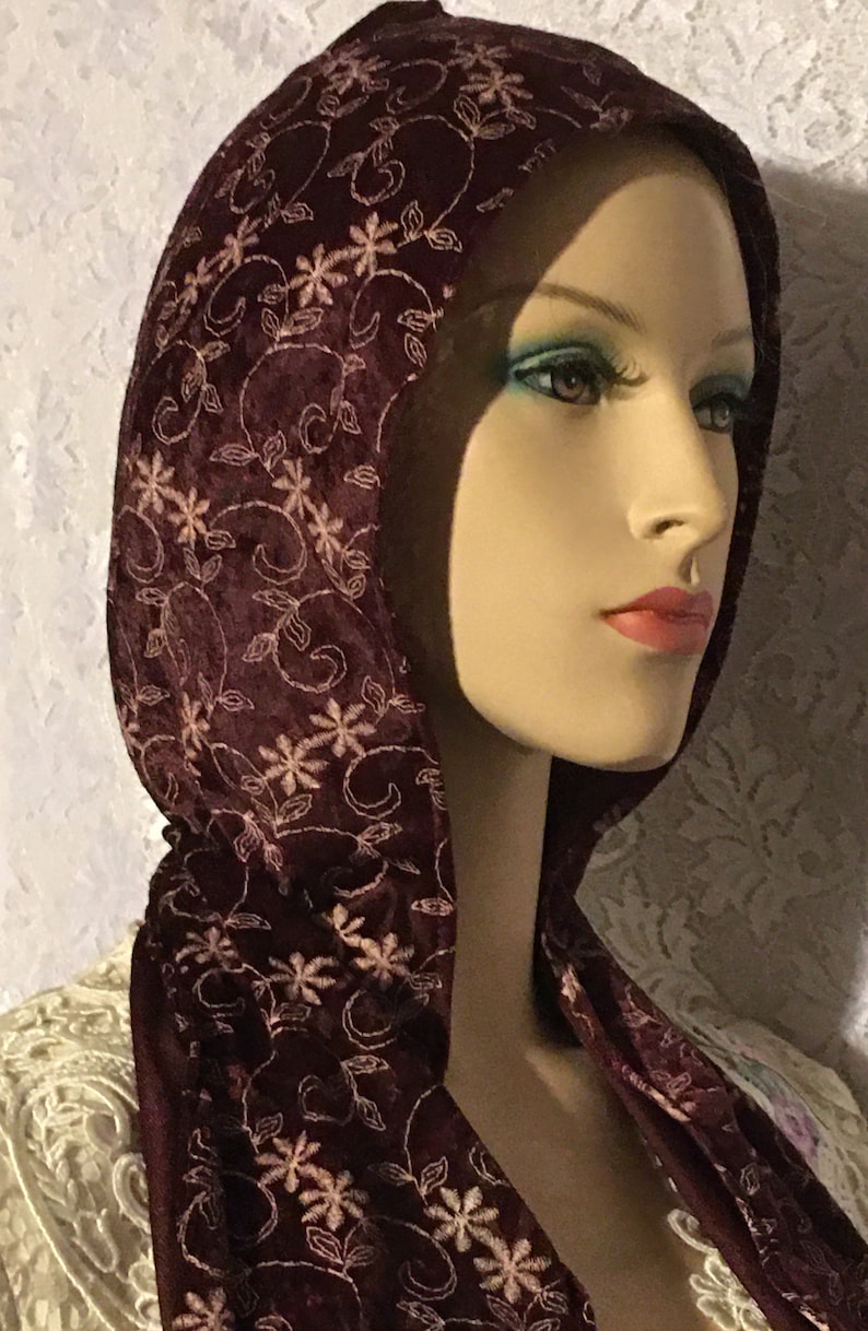 Wine Floral Embroidered Snood Wrap Head Covering • Headwear for Modesty ...