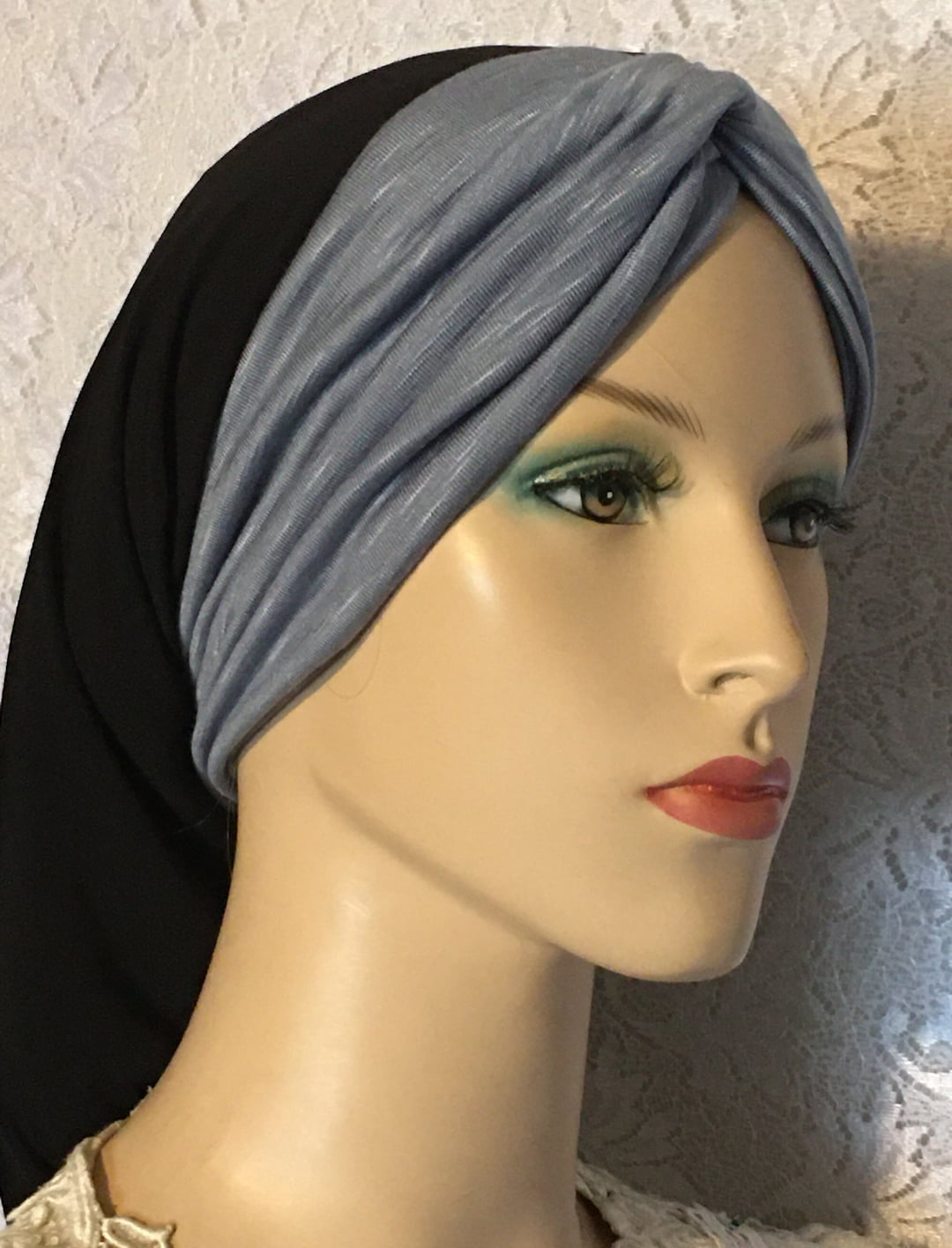 Black Dusty Blue Turban Knot Snood Head Covering, Women Hair Snoods ...