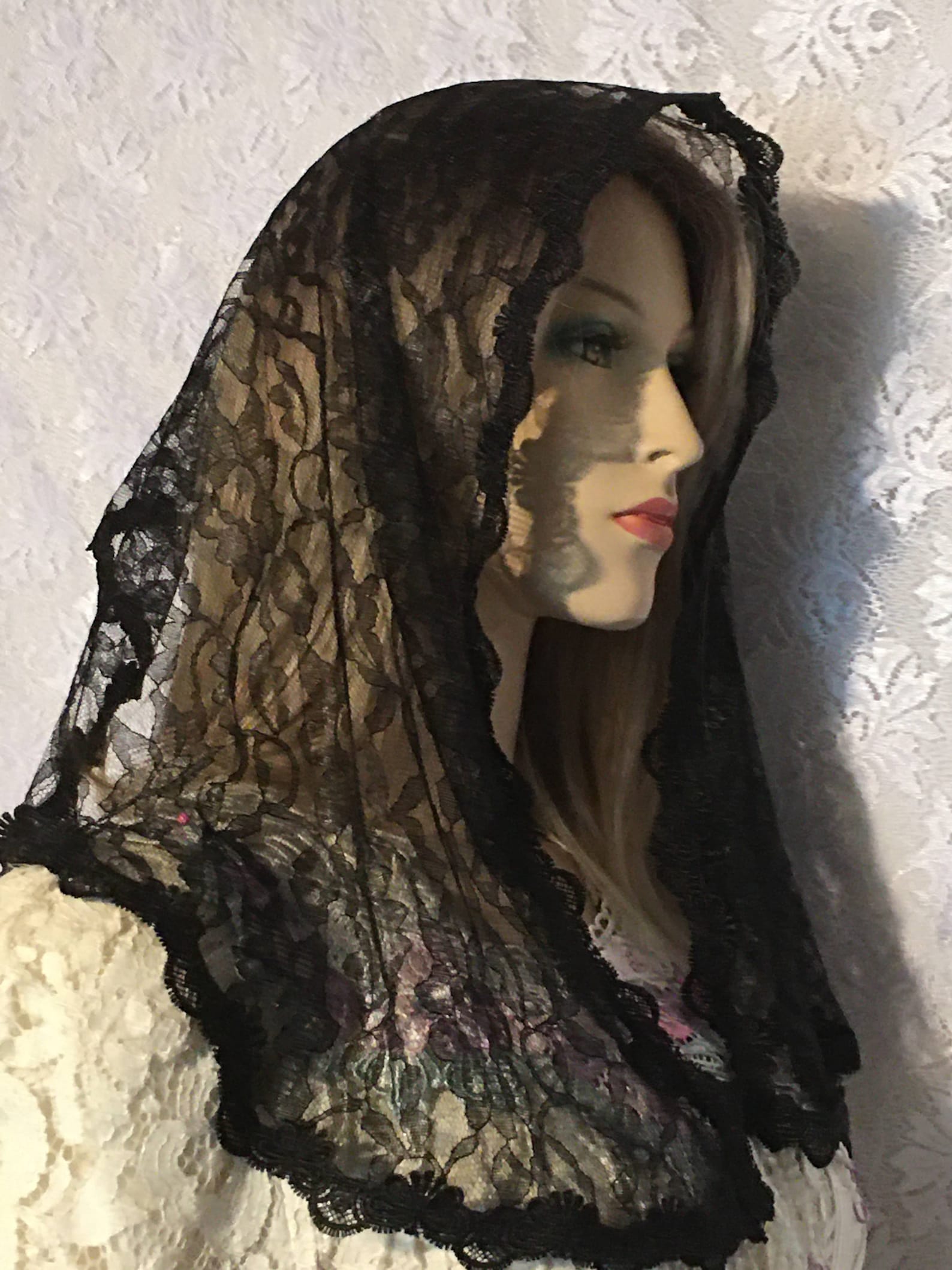 BLACK Lace Veil | Lace Mantilla Veil | Lace Hair Wrap | Trim Lace Head ...