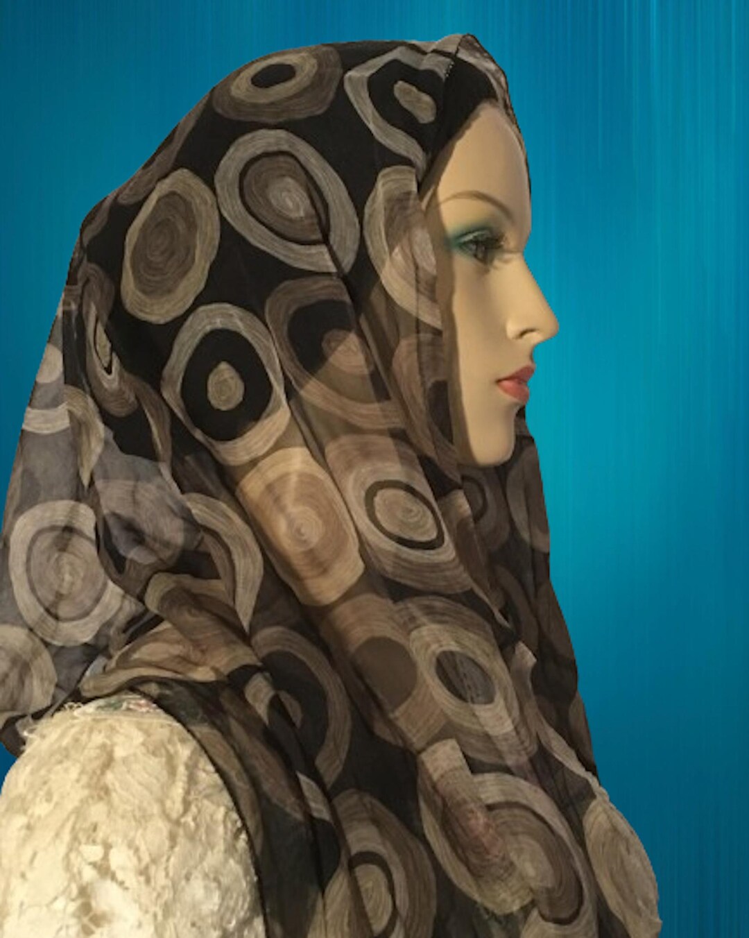 Black Gray Head Wrap Mantilla Hair Wrap Venise Trim Head Covering ...