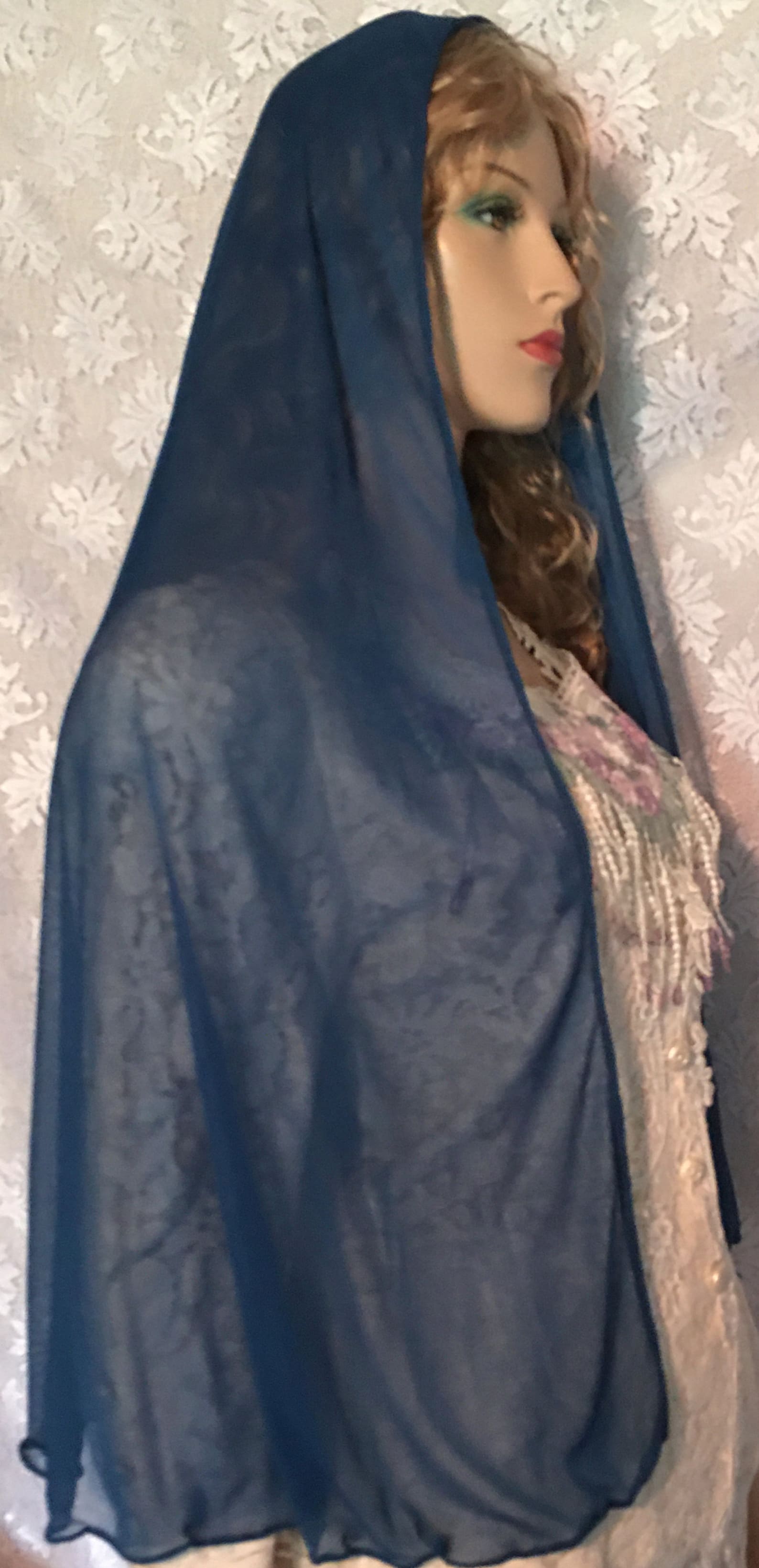 Turquoise Sheer Veil or Shawl • Round Cut Mantilla • Hair Wrap • Head ...