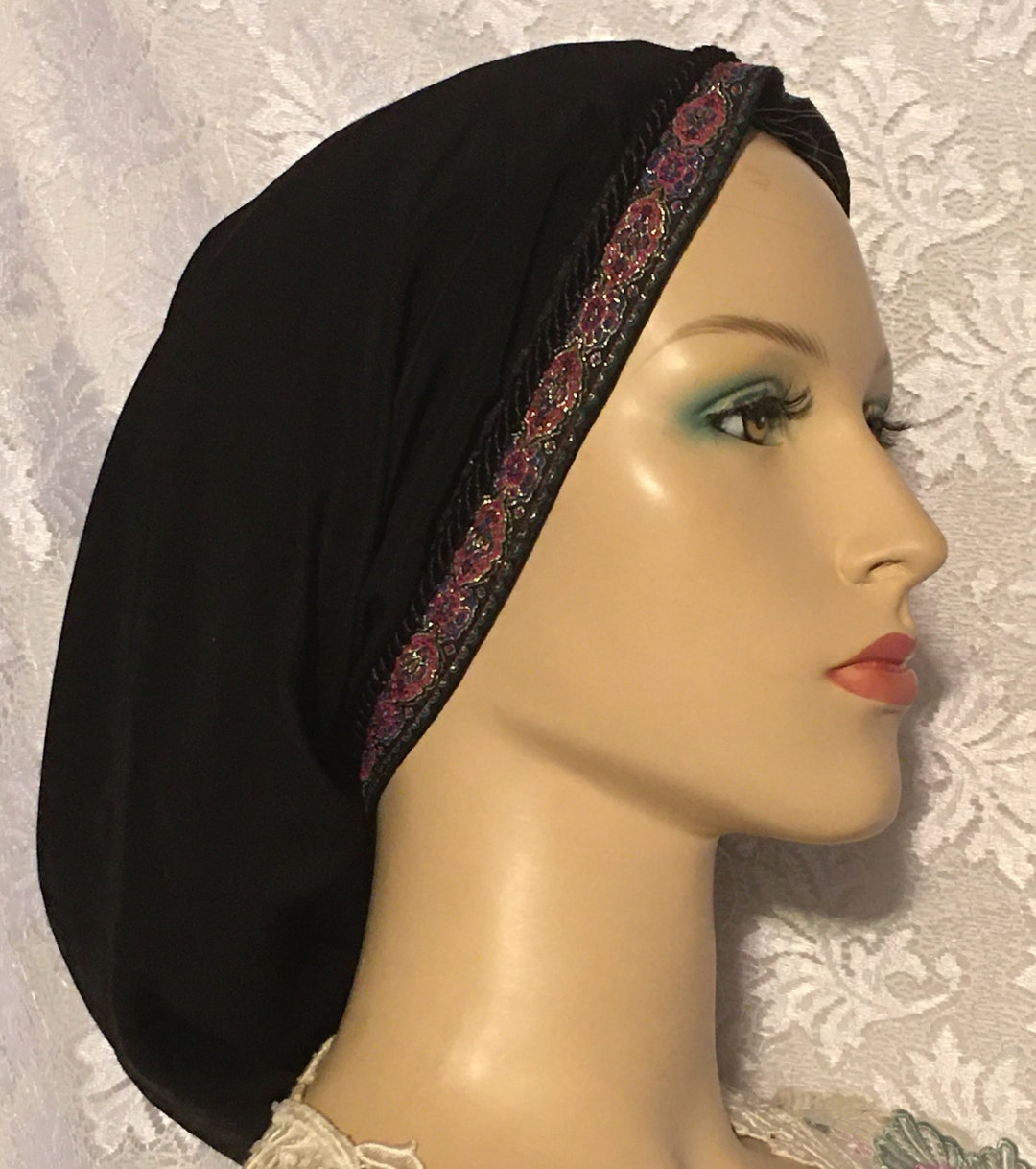 BLACK Hair Snood Peach Skin Jacquard Band Head Covering Tichel ...